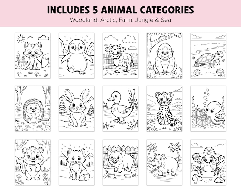 100 Animal Coloring Pages – Printable Coloring Book for Kids – Woodland ...