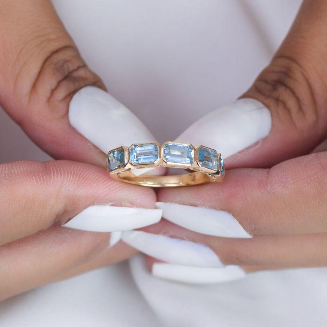 Aquamarine Emerald Cut Half Bezel Set Ring Silver,natural Aquamarine ...