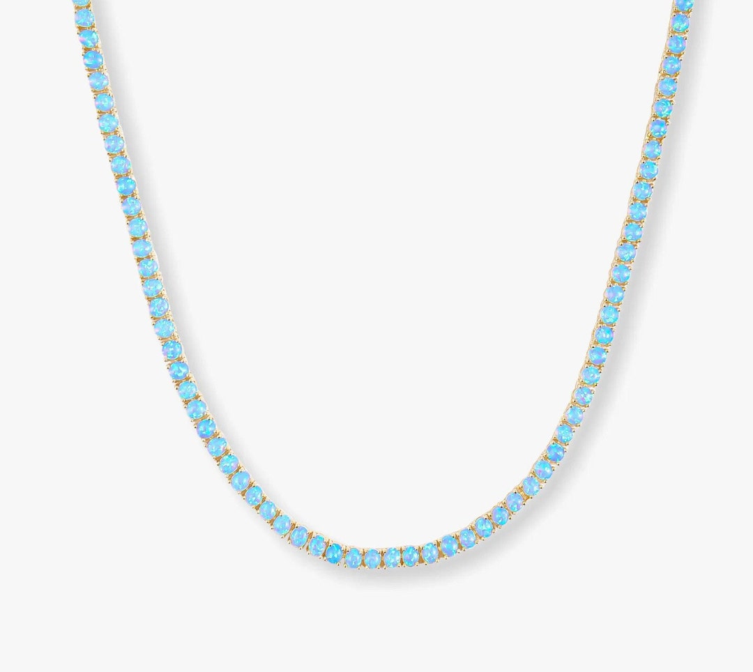 Blue Opal Tennis Necklace in Gold Family Necklace for Mom, Grandma Gift ...