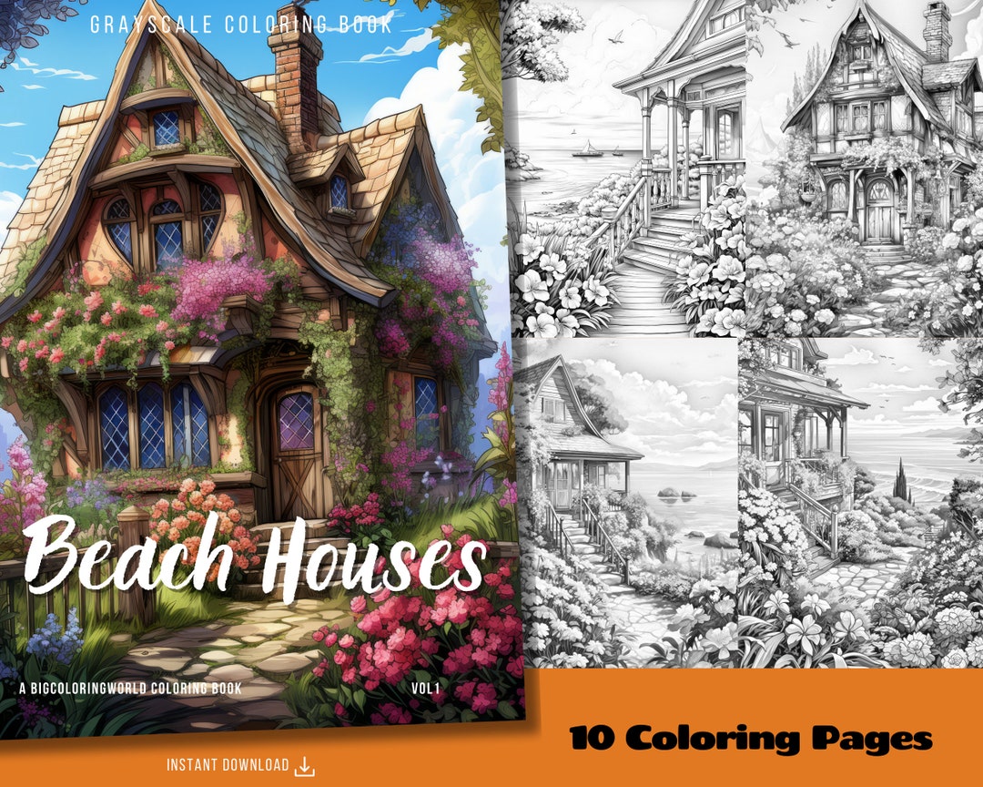 Beautiful Beach Houses With Gardens for Adult Coloring Page, Printable ...