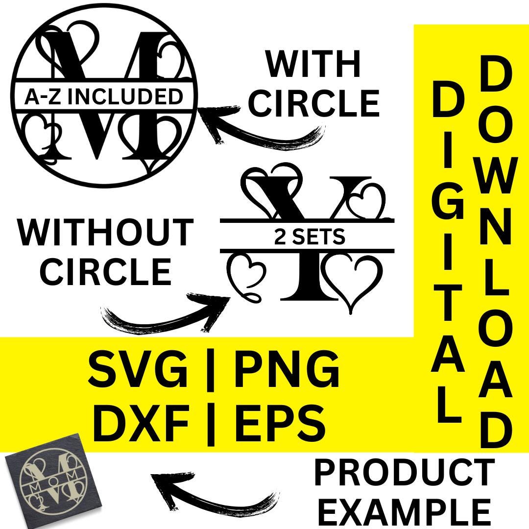 Hearts Split Monogram Svg, Dxf, Png, and Eps, Split Monogram Alphabet ...