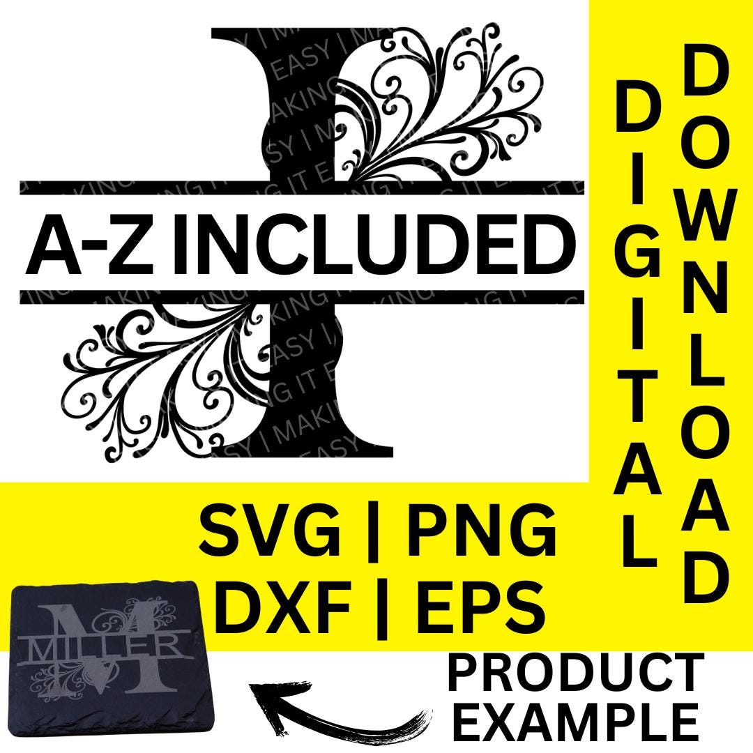 Floral Swirl Split Monogram Svg Dxf Png Eps, Split Monogram Alphabet ...