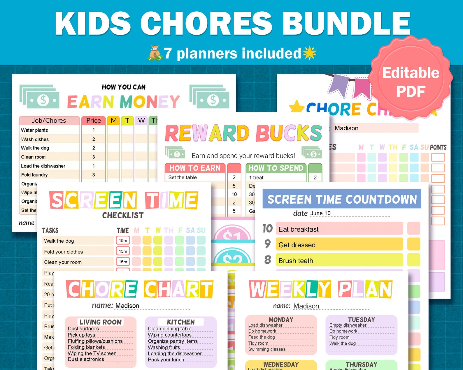 Printable Kids Chores Bundle 7 Planners for Kids Reward - Etsy