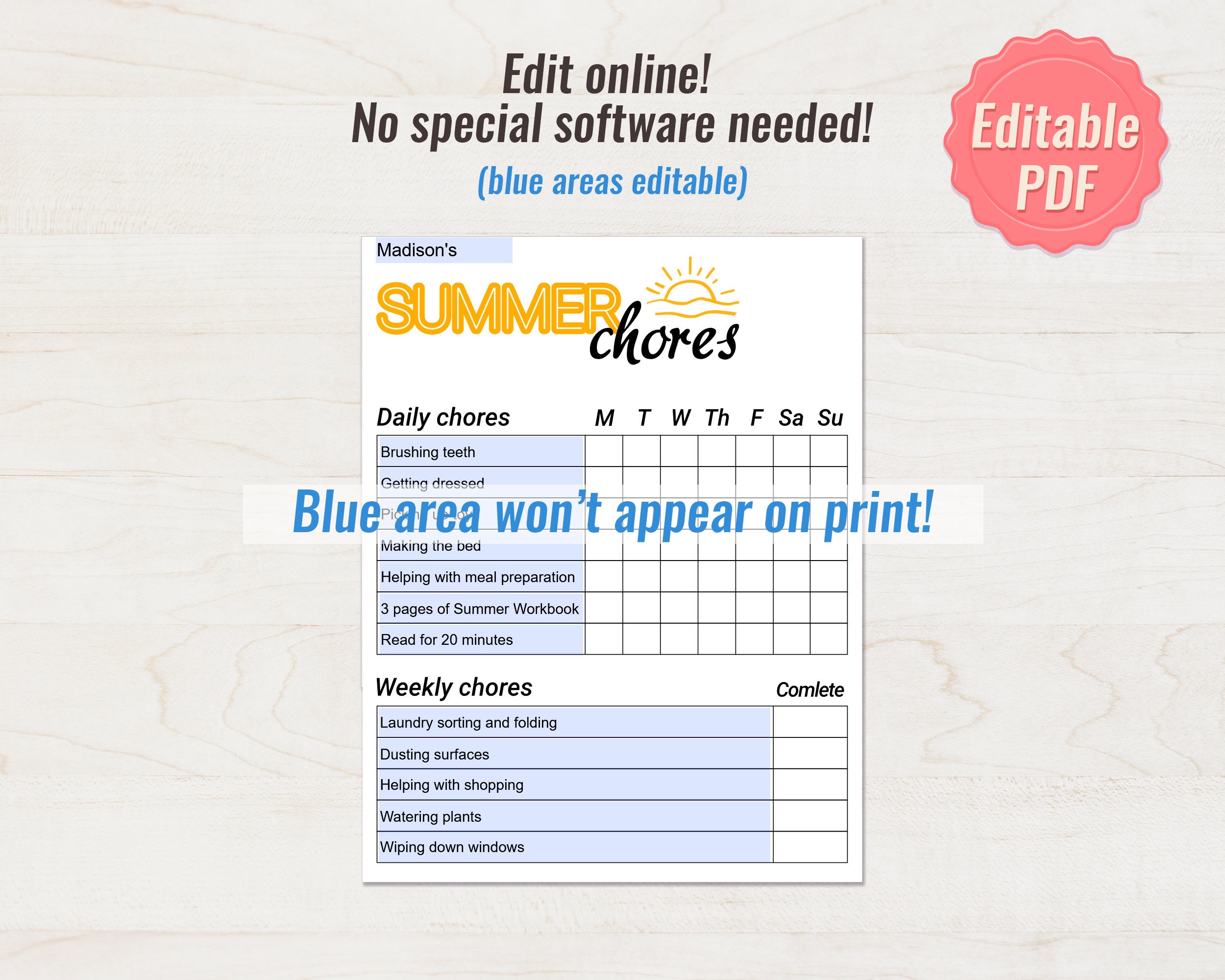 Editable Summer Chore Chart for Kids, Daily & Weekly Printable ...