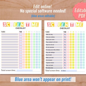 Earn Screen Time Checklist Weekly, Editable Printable Screen Time Chore ...
