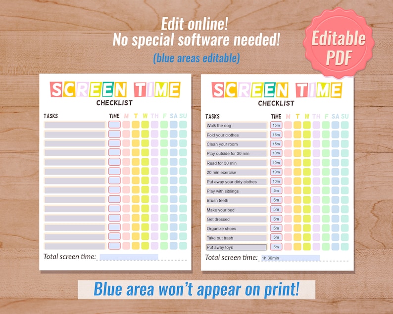 Earn Screen Time Checklist Weekly, Editable Printable Screen Time Chore ...