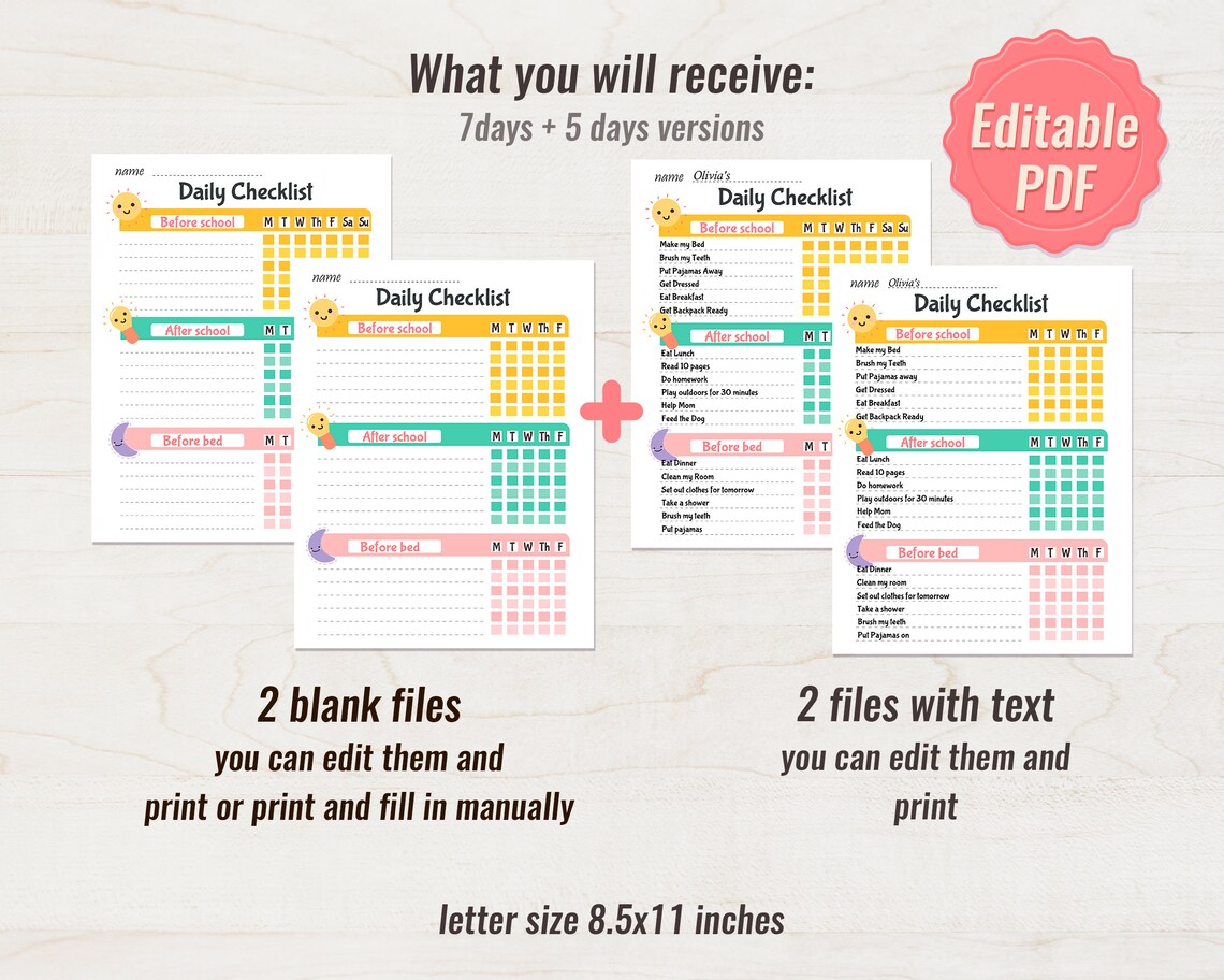 Kids Daily Checklist, Editable Chore Chart for Kids, Editable ...
