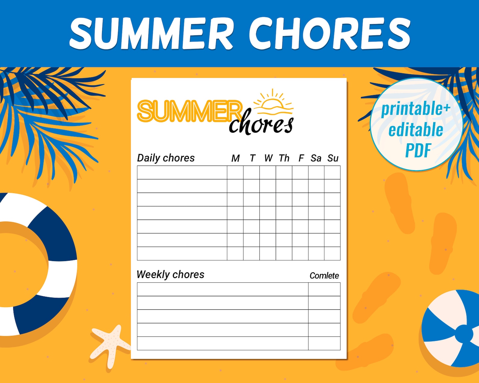 Editable Summer Chore Chart for Kids, Daily & Weekly Printable ...