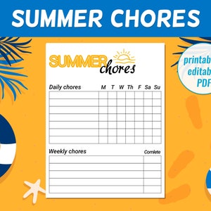 Editable Summer Chore Chart for Kids, Daily & Weekly Printable ...