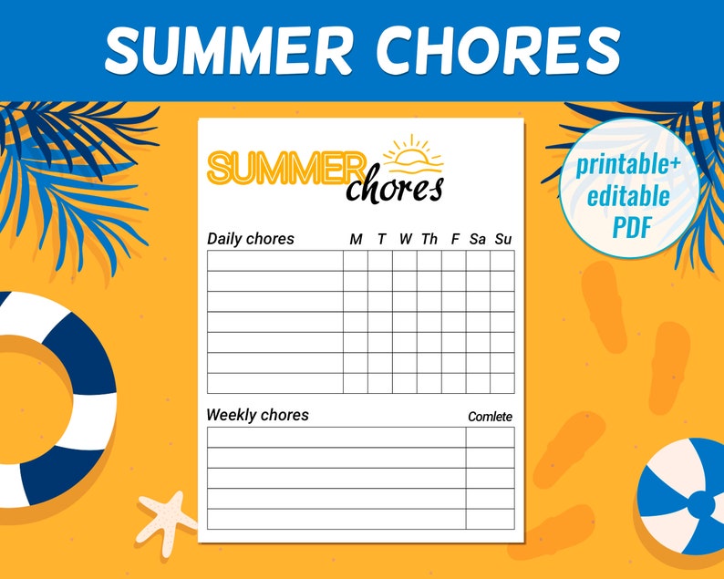 Editable Summer Chore Chart for Kids, Daily & Weekly Printable ...