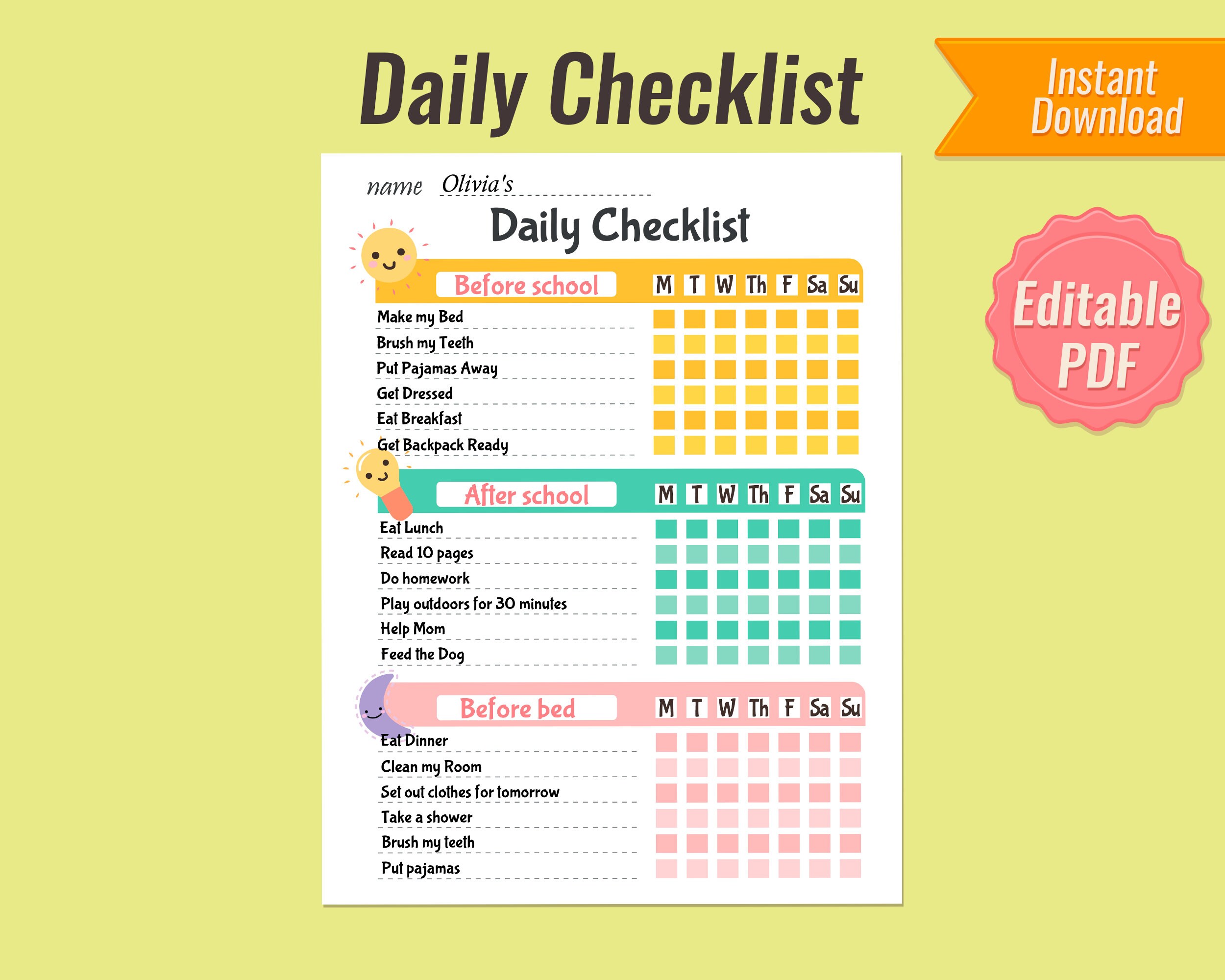 Kids Daily Checklist, Editable Chore Chart for Kids, Editable ...