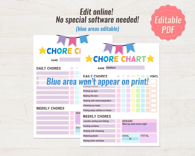 Chore Chart for Kids Daily Weekly Kids Chores, Kids Chore Chart ...