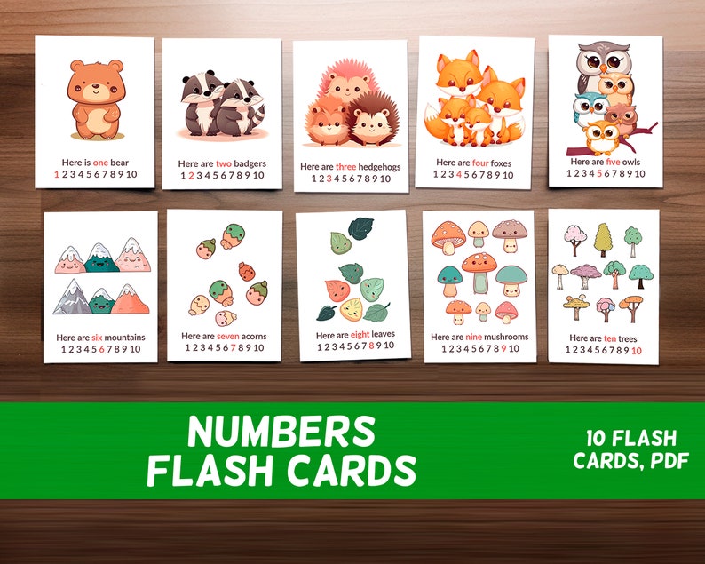 Numbers Flash Cards Printable, Preschool Counting Flash Cards, Animals ...