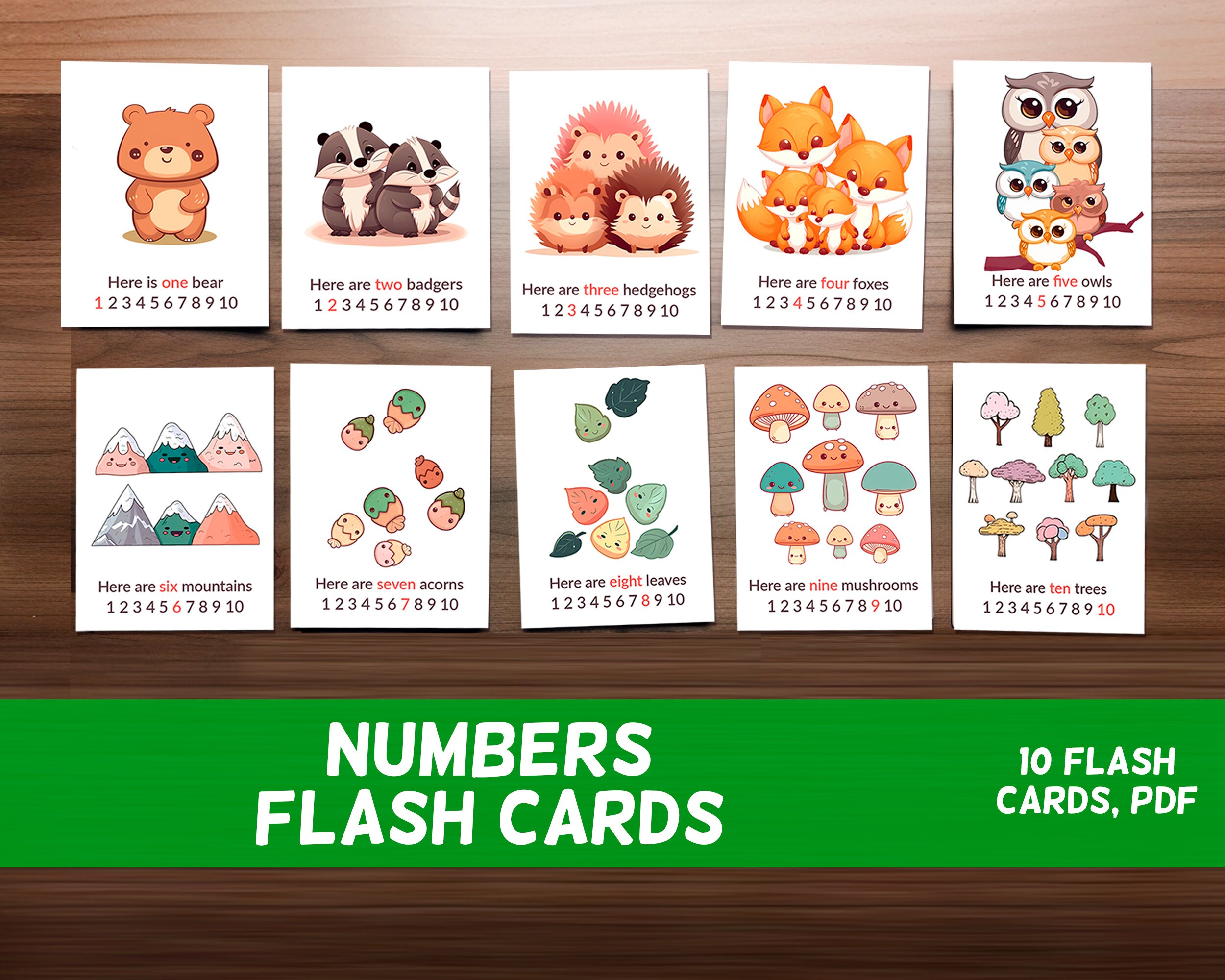 Numbers Flash Cards Printable, Preschool Counting Flash Cards, Animals ...