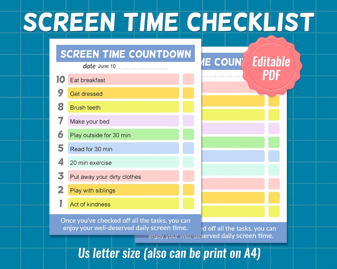 Screen Time Checklist Daily, Editable Printable Screen Time Chore Chart ...