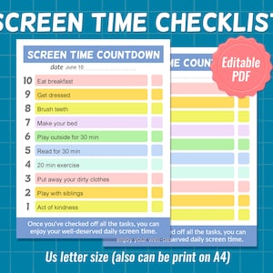 Screen Time Checklist Daily, Editable Printable Screen Time Chore Chart ...