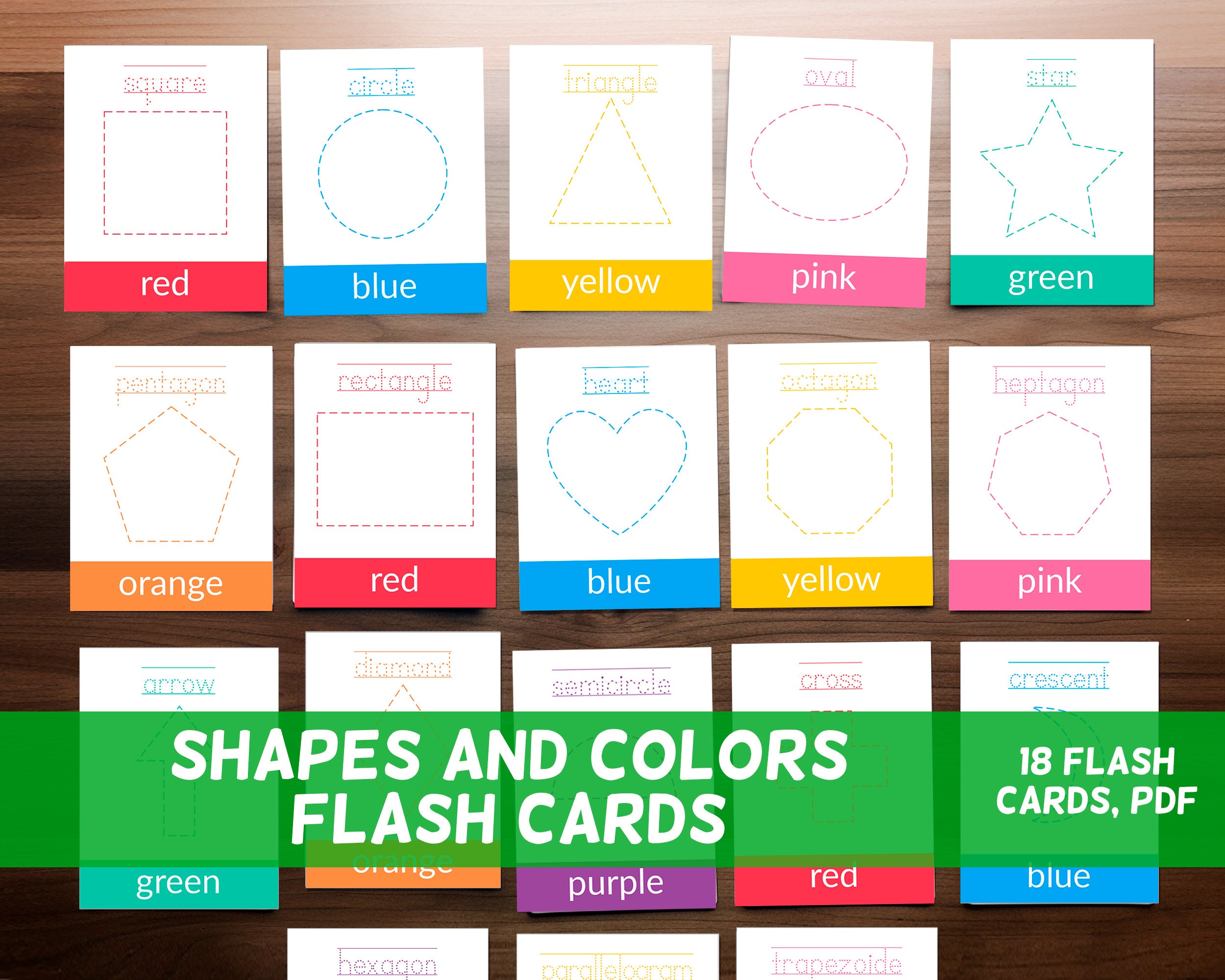 18 Colors and Shapes Flash Cards, Tracing Practice, Montessori ...