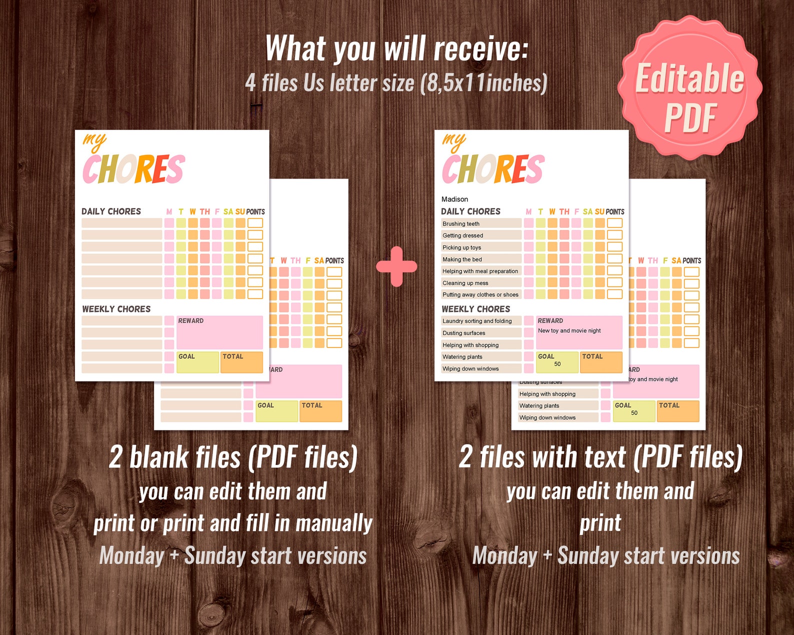 Editable Weekly Chore Chart for Kids, Reward Responsibility Chart and ...