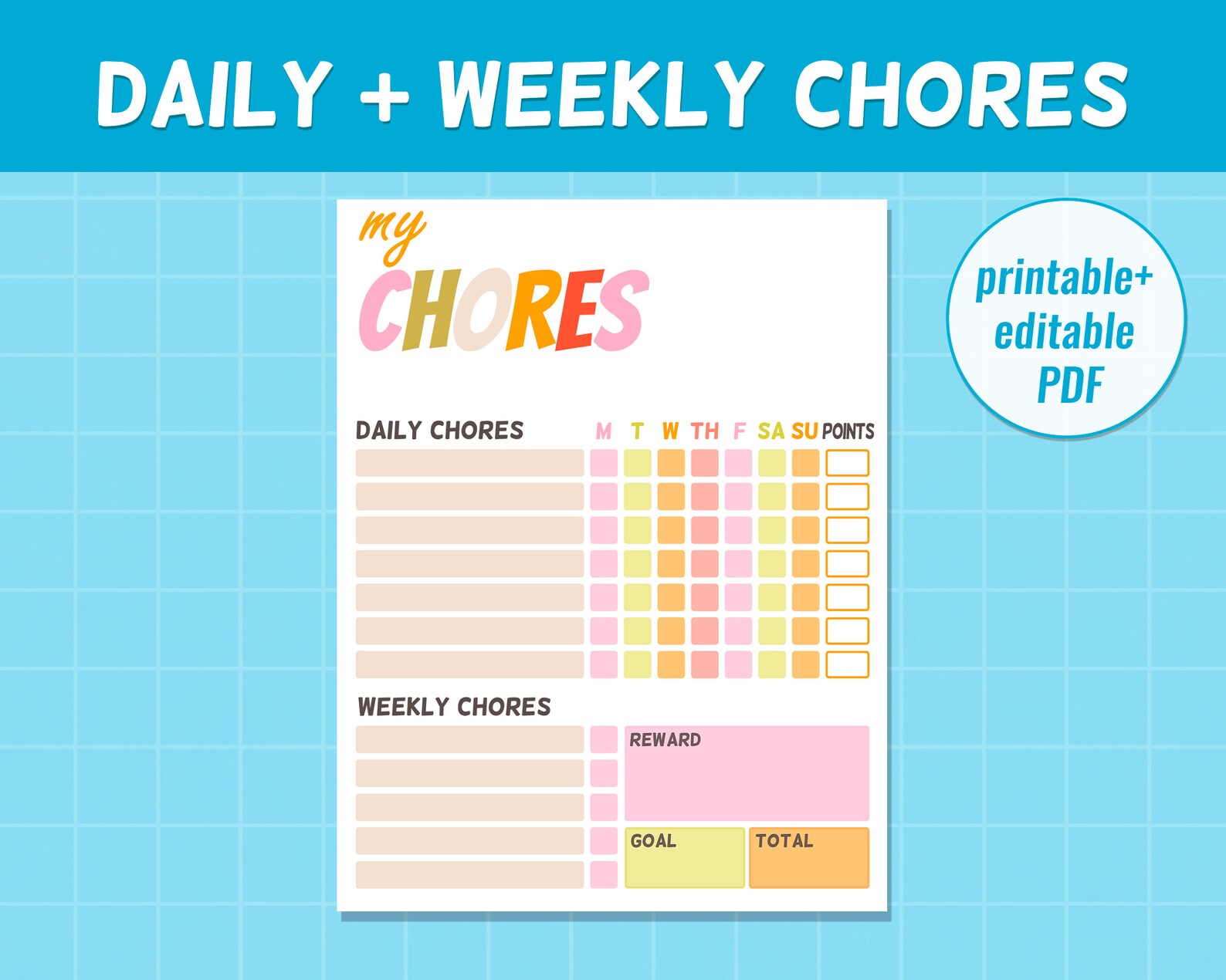 Editable Weekly Chore Chart for Kids, Reward Responsibility Chart and ...