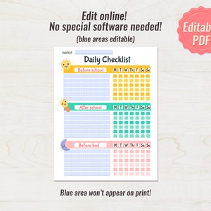 Kids Daily Checklist, Editable Chore Chart for Kids, Editable ...