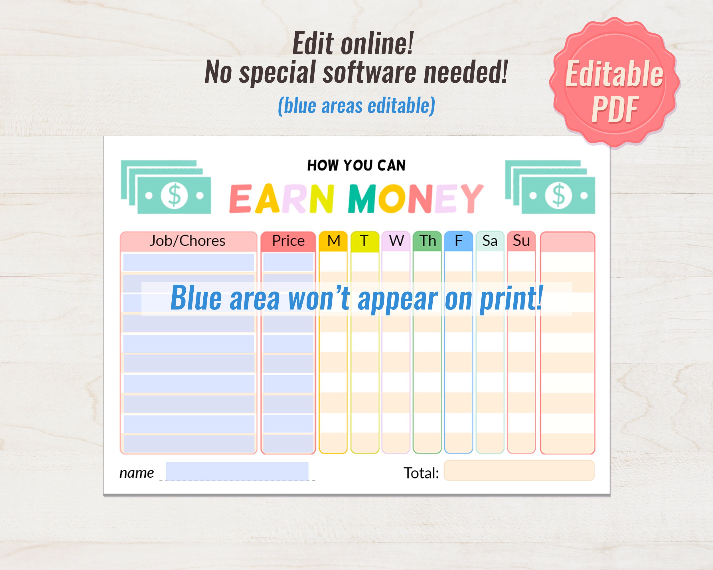 Kids Reward Chart Kids Money Chore Chart, Printable Chore Chart for ...