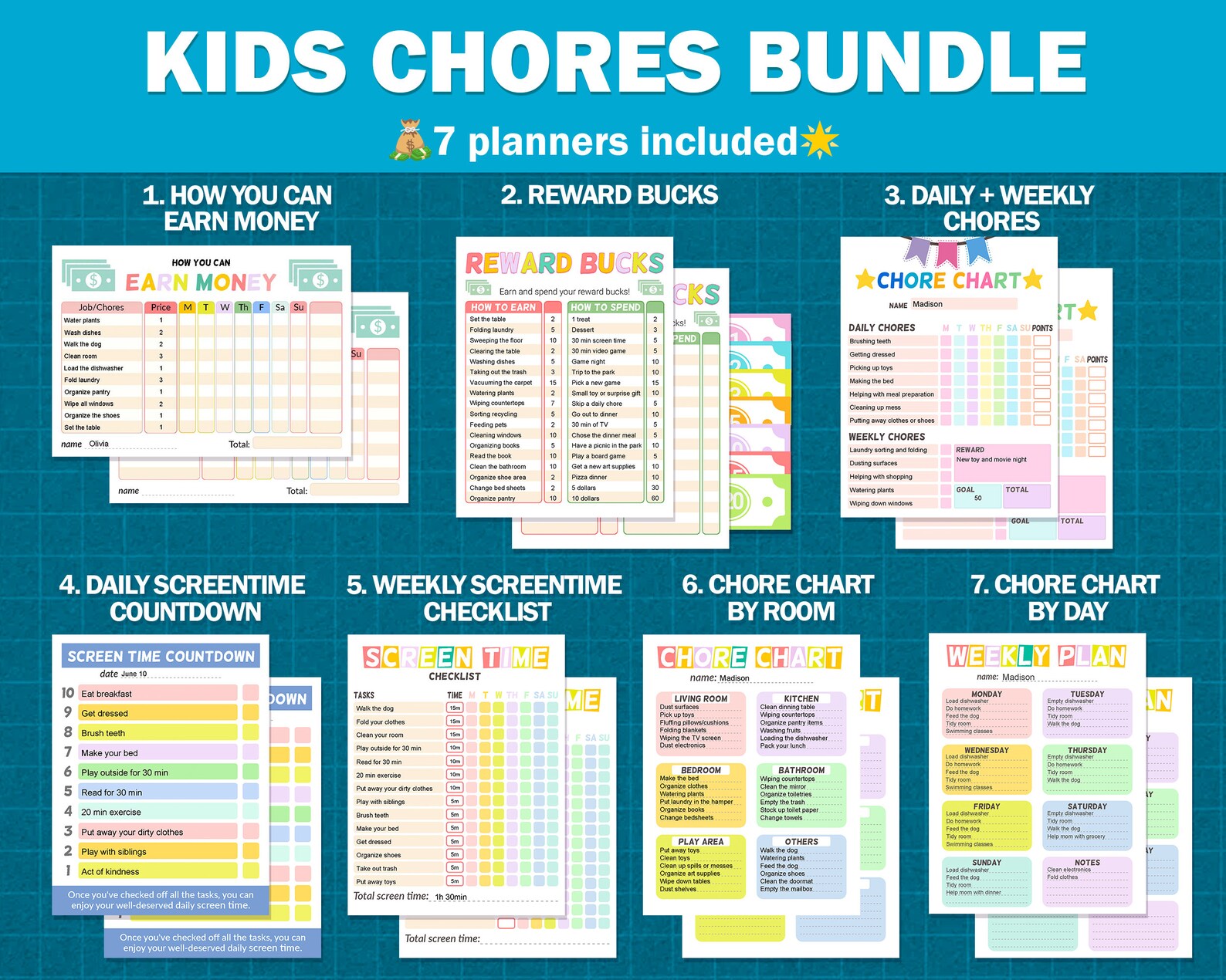Printable Kids Chores Bundle 7 Planners for Kids Reward - Etsy