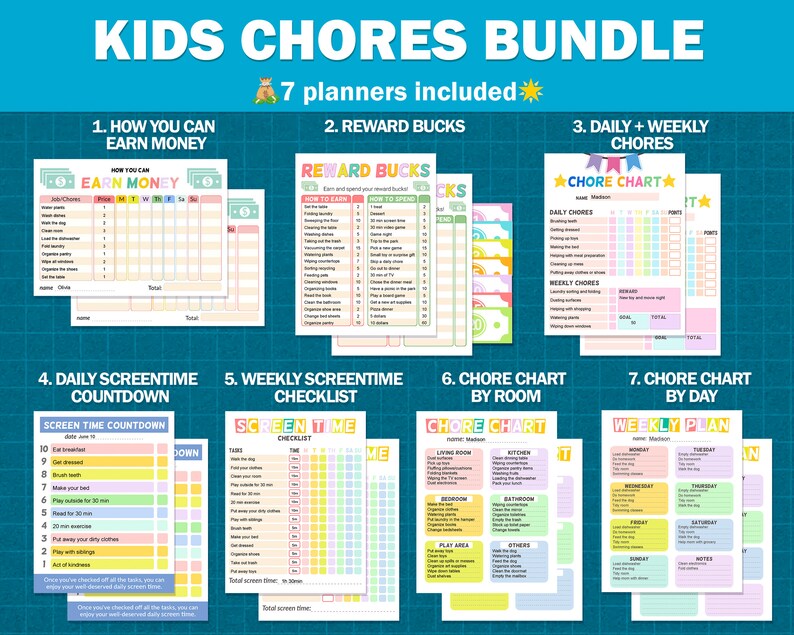 Printable Kids Chores Bundle, 7 Planners for Kids, Reward Money Chore ...