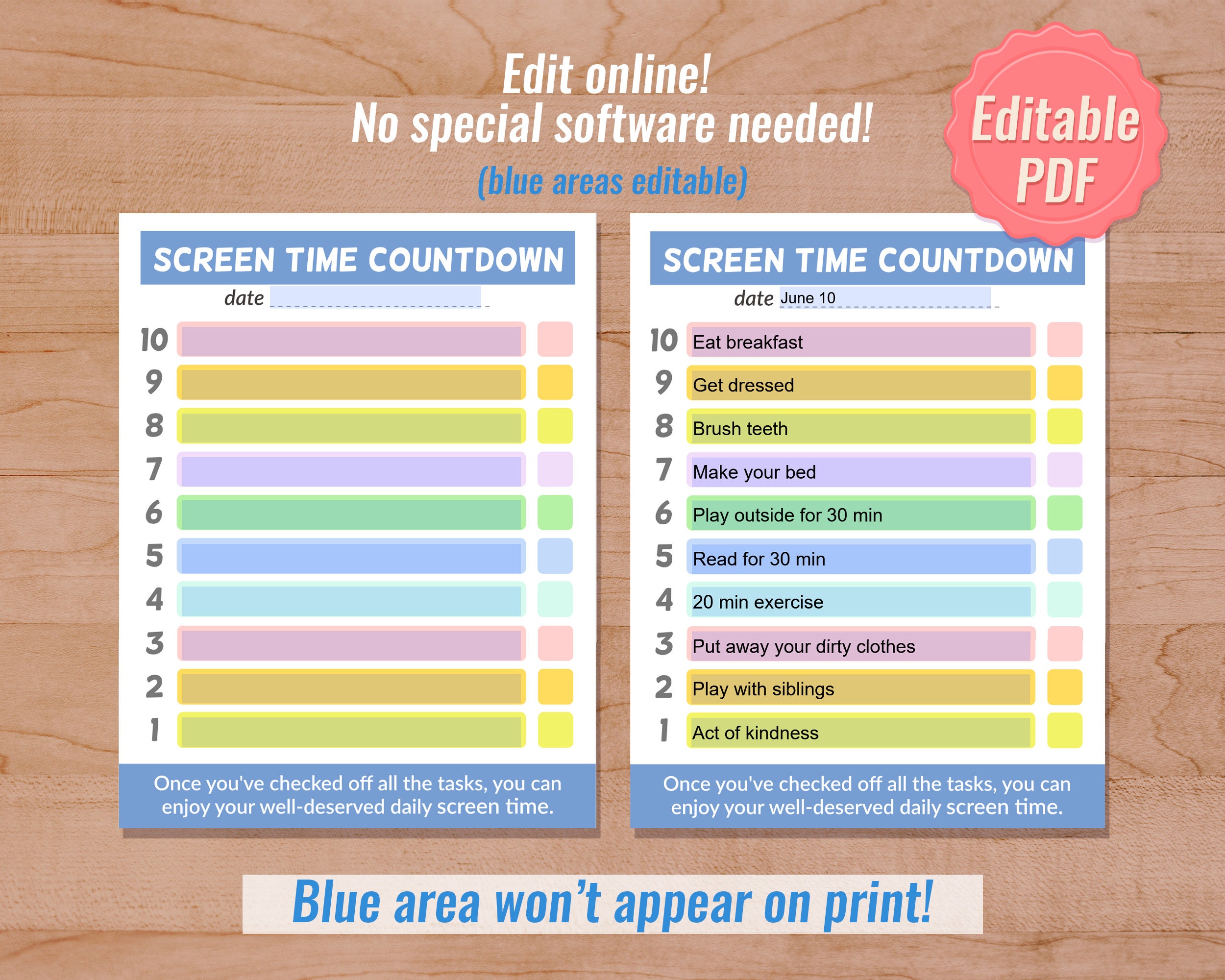 Screen Time Checklist Daily, Editable Printable Screen Time Chore Chart ...