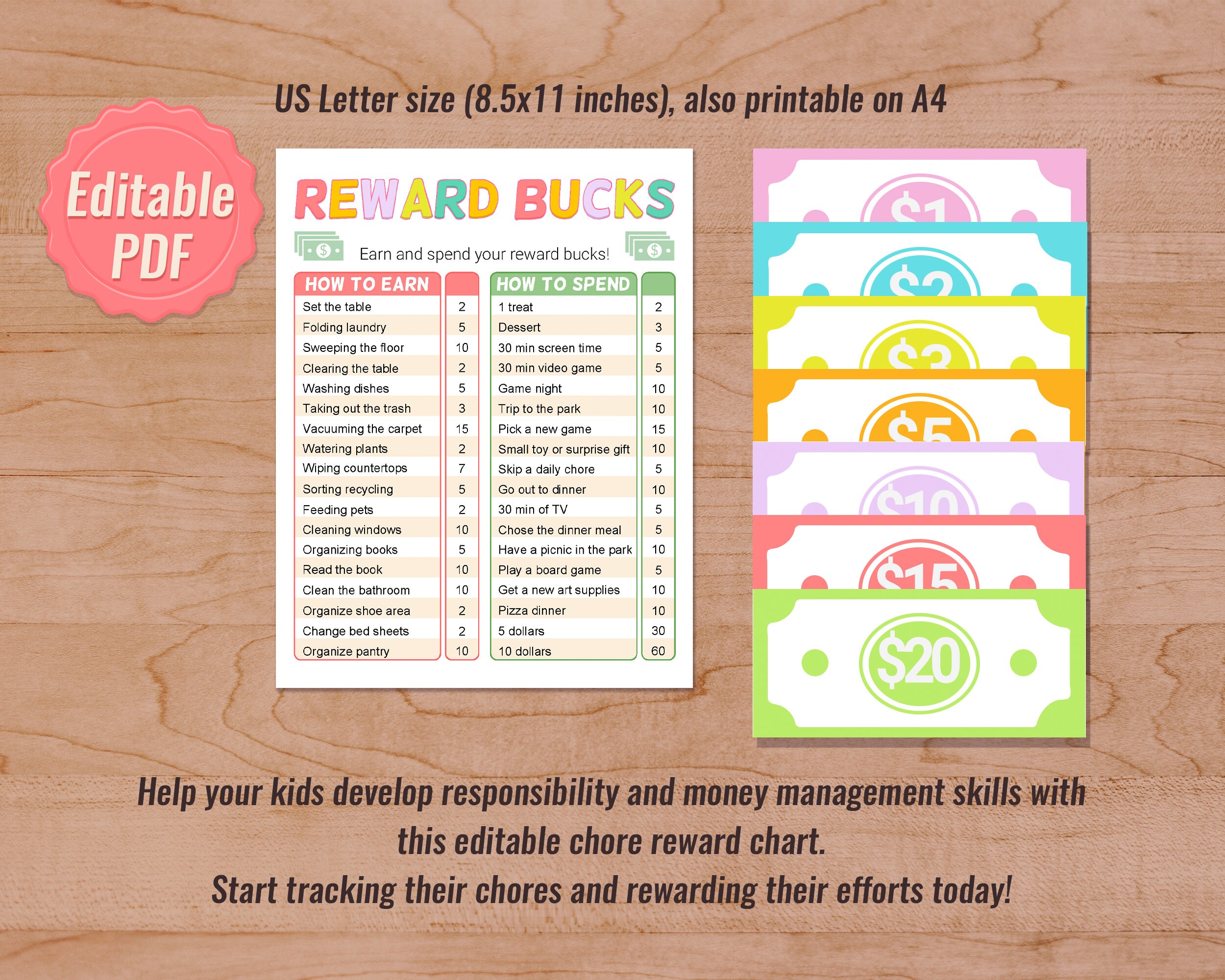 Editable Kids Reward Bucks,kids Money Chart, Allowance Tracker, Earn ...