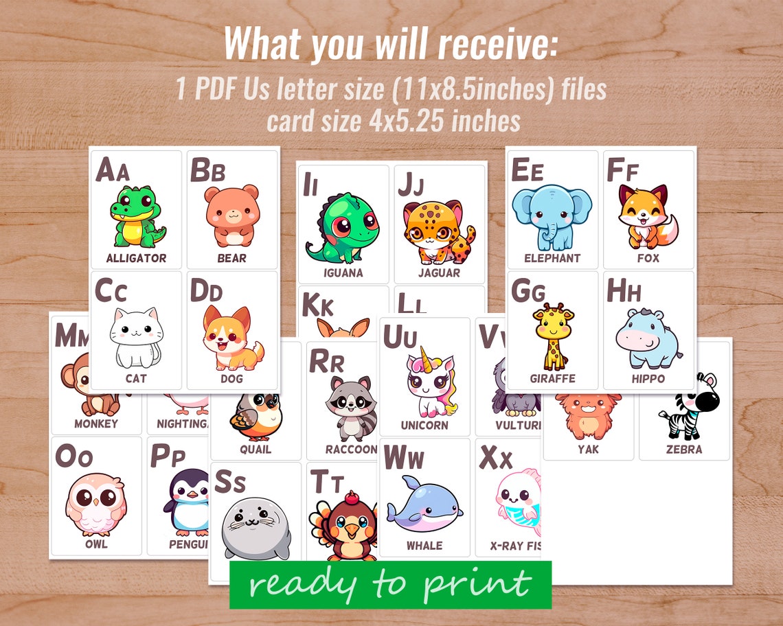 Cute Alphabet Flash Cards Animal Printable Preschool Cards - Etsy