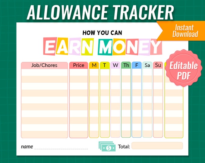 EDITABLE Allowance Tracker Kids | Earn Money Chart | Daily Weekly Allowance Chore Chart | Money ...