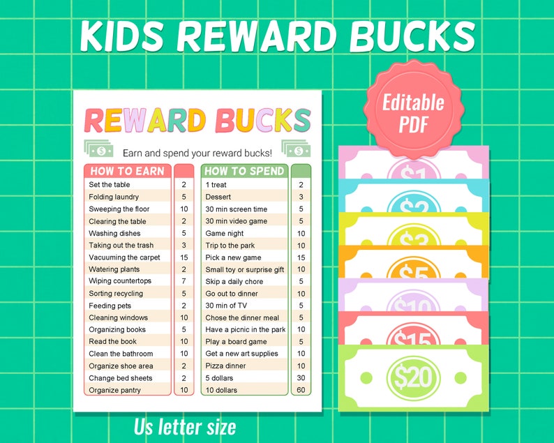 Editable Kids Reward Bucks,kids Money Chart, Allowance Tracker, Earn ...