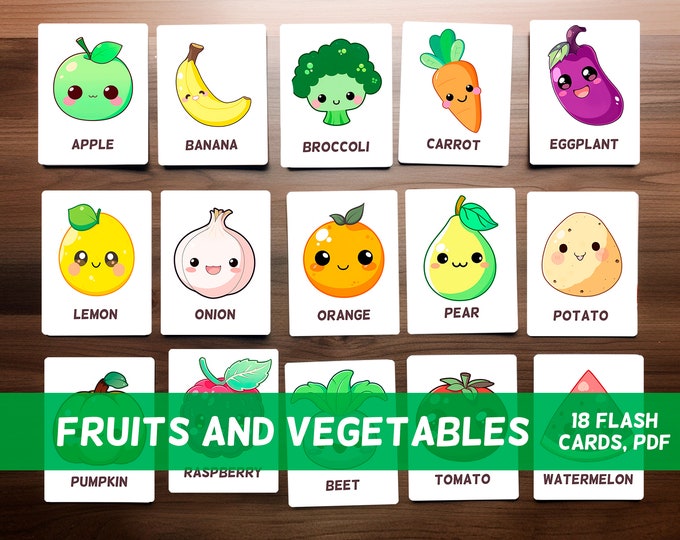 30 Fruits and Vegetables Cards, Montessori Flashcards, Pre-school Cards ...