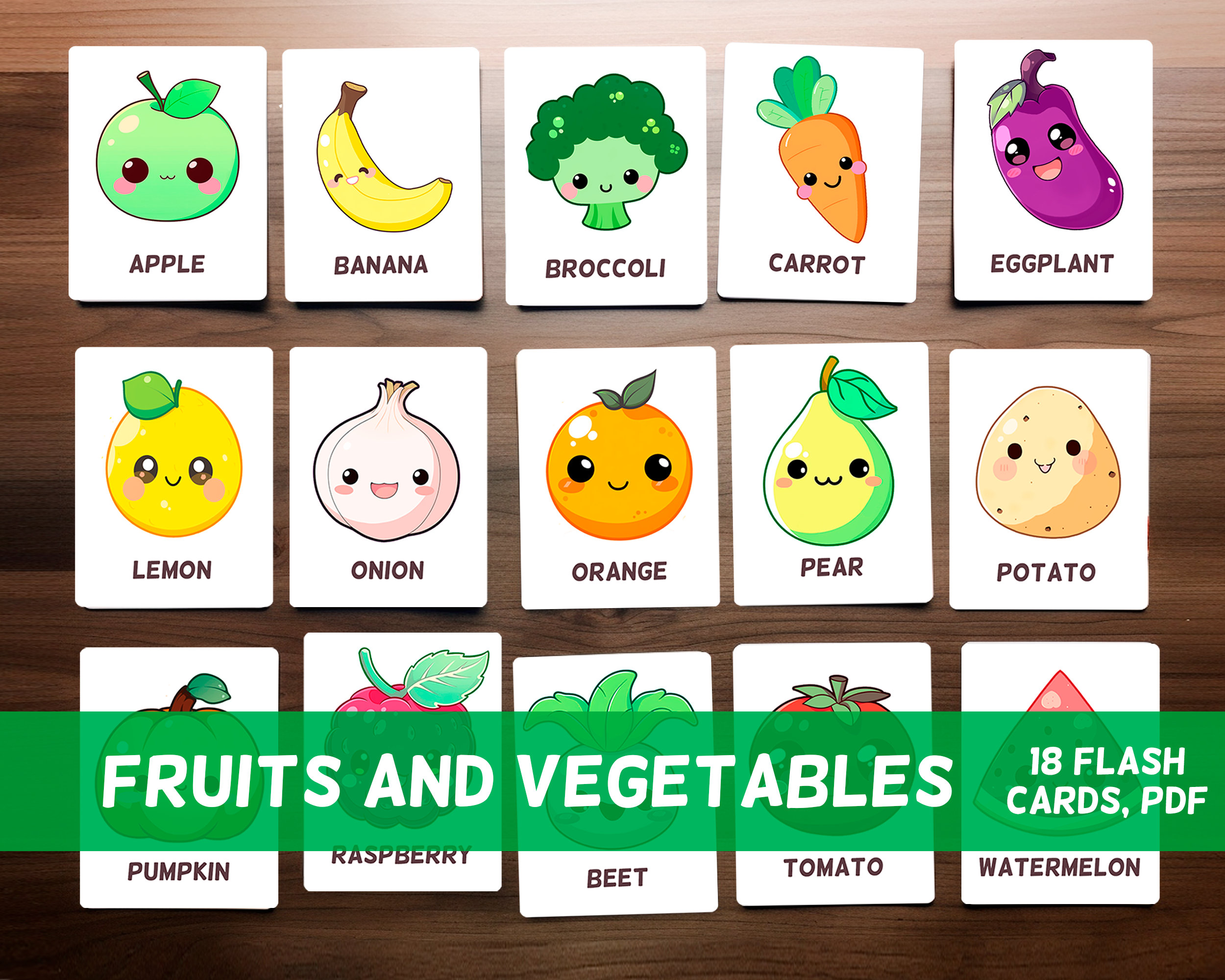 Montessori Fruits and Vegetables Flash Cards, Printable Educational ...