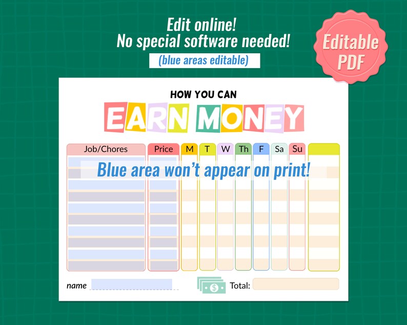 How to Earn Money Editable Allowance Tracker Kids Earn Money Chart ...
