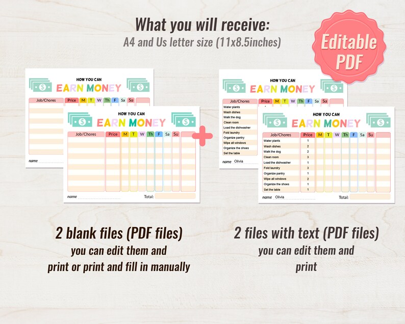 Kids Reward Chart Kids Money Chore Chart, Printable Chore Chart for ...