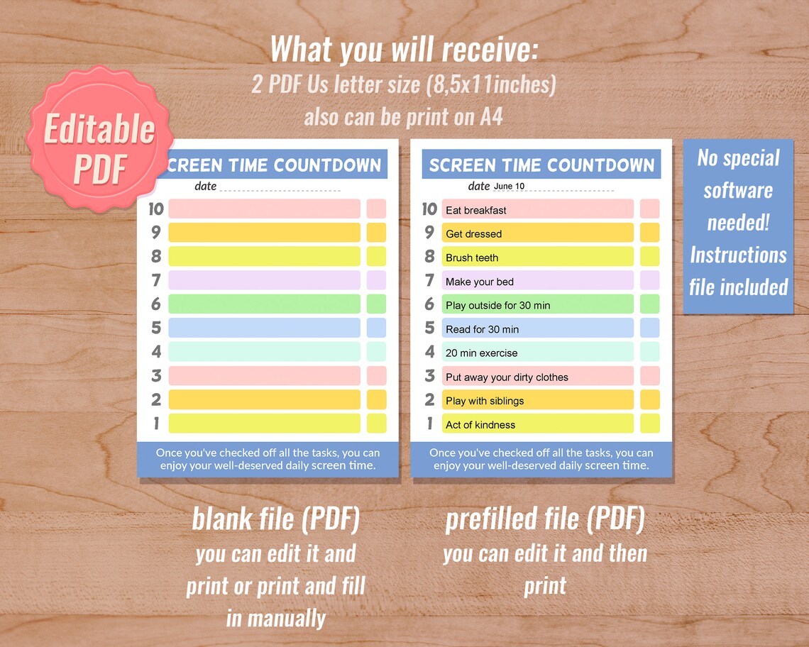 Screen Time Checklist Daily, Editable Printable Screen Time Chore Chart ...
