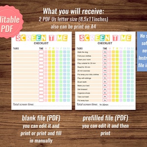 Earn Screen Time Checklist Weekly, Editable Printable Screen Time Chore ...