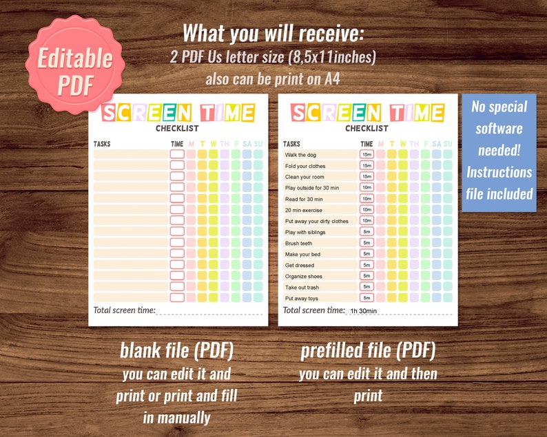 Earn Screen Time Checklist Weekly, Editable Printable Screen Time Chore ...