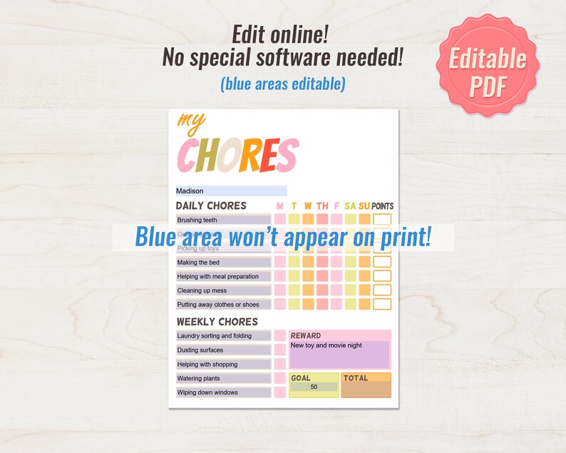 Editable Weekly Chore Chart for Kids, Reward Responsibility Chart and ...