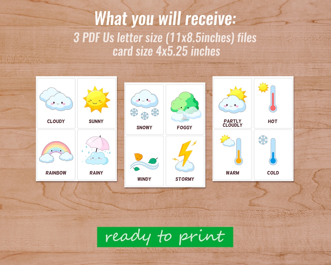 Montessori Weather Flash Cards, Printable Educational for Toddlers ...