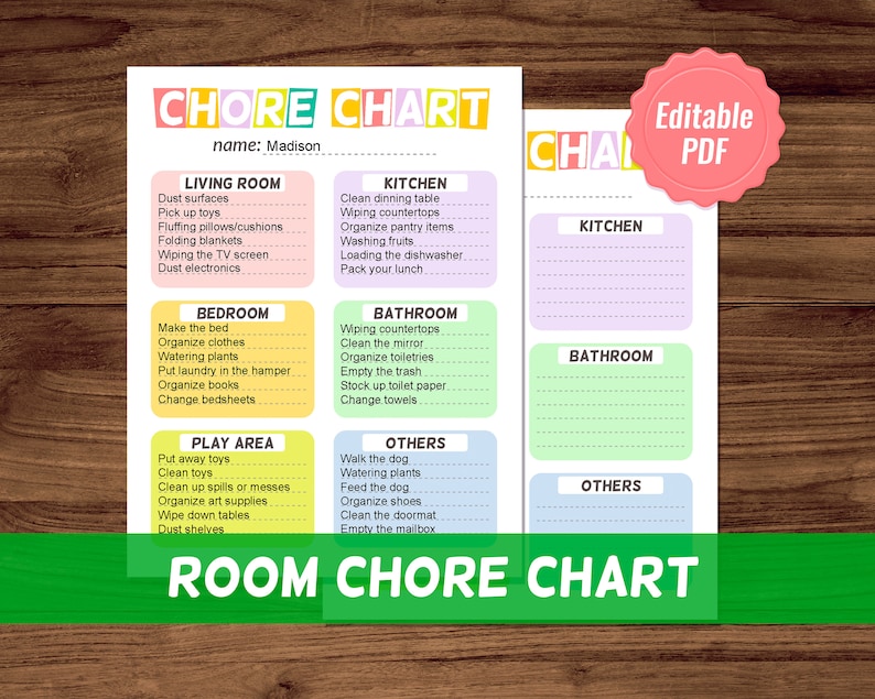 Room Chore Chart by Room, Kids Room Cleaning Planner, Kids Chore Chart ...