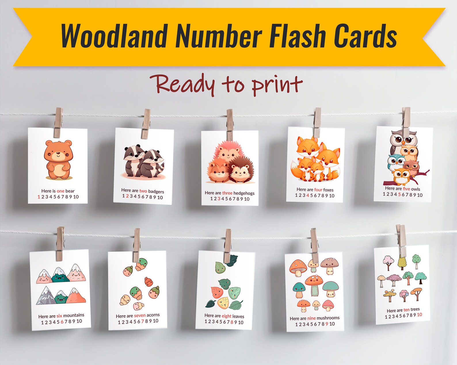 Numbers Flash Cards Printable, Preschool Counting Flash Cards, Woodland ...