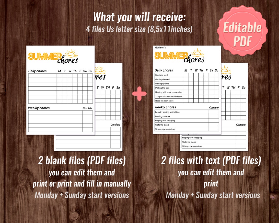 Editable Summer Chore Chart for Kids, Daily & Weekly Printable ...