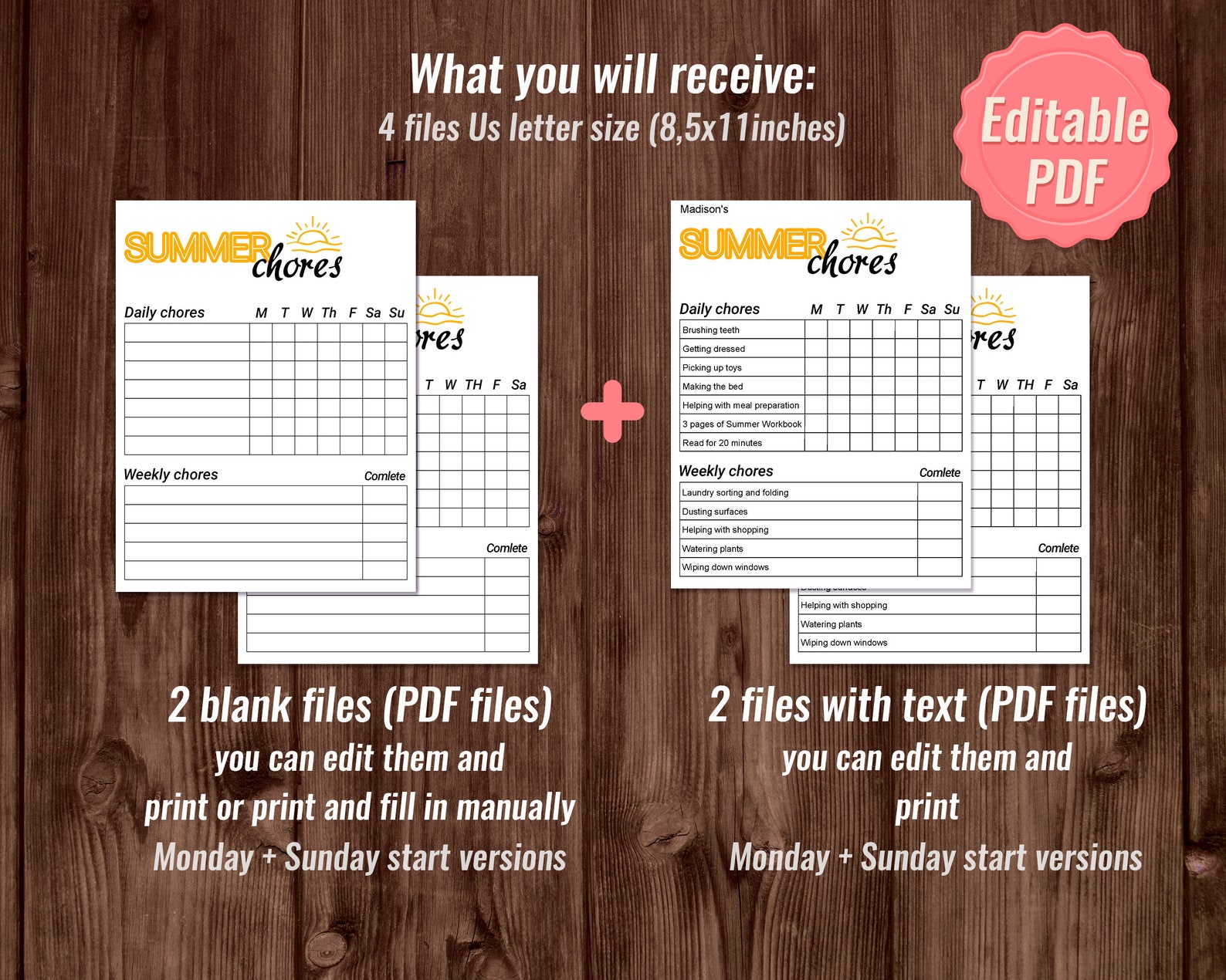 Editable Summer Chore Chart for Kids, Daily & Weekly Printable ...