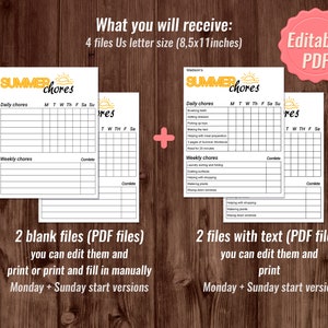 Editable Summer Chore Chart for Kids, Daily & Weekly Printable ...