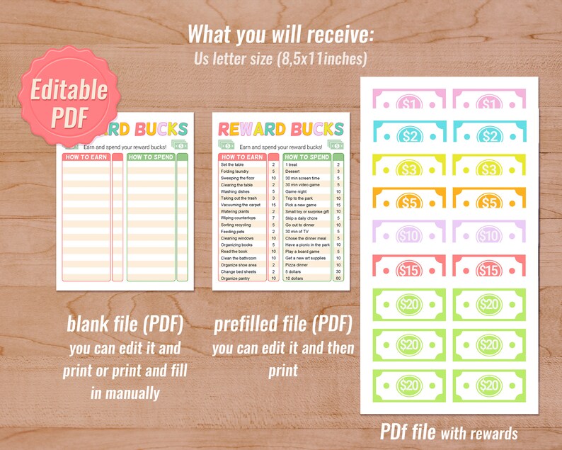 Editable Kids Reward Bucks,kids Money Chart, Allowance Tracker, Earn ...