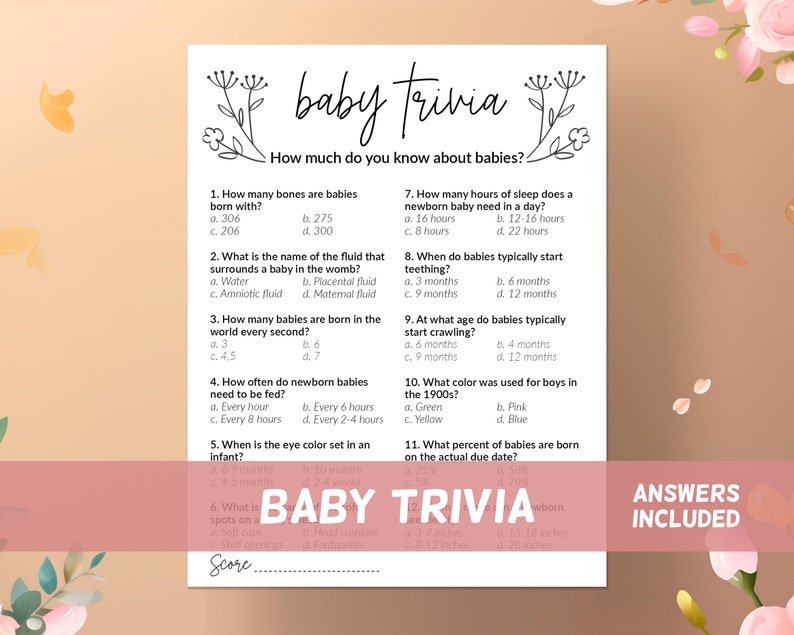 Baby Shower Trivia Game, Baby Shower Printable Game, Trivia Questions ...