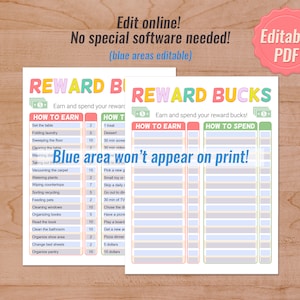 Editable Kids Reward Bucks,kids Money Chart, Allowance Tracker, Earn ...