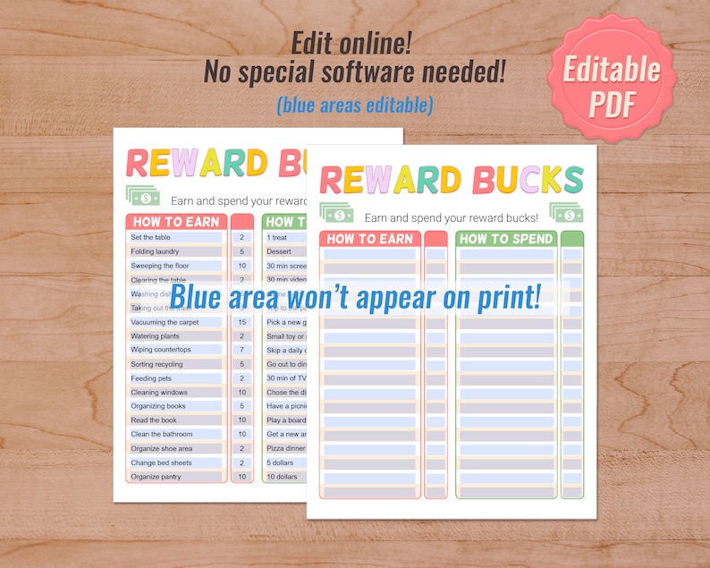 Editable Kids Reward Bucks,kids Money Chart, Allowance Tracker, Earn ...